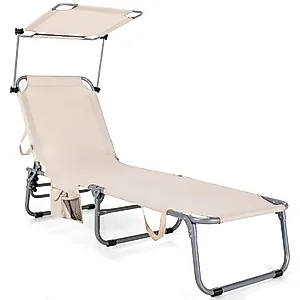 Goplus Tanning Chair, Foldable Beach Lounge Chair with 360°Canopy Sun Shade, Side Pocket, 5-Position Adjustable Outdoor Chaise Lounge Chair for Patio Pool Yard Lawn (1, Beige)