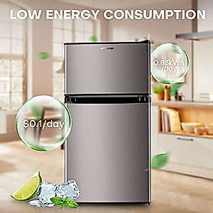 Upstreman 3.2 Cu.Ft Mini Fridge with Freezer, Stainless Steel 2 door, Adjustable Thermostat, Low noise, Energy-efficient, Compact Refrigerator for Dorm, Office, Bedroom