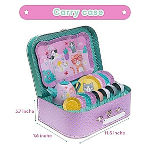 Jewelkeeper Toddler Toys - Tea Party Set for Little Girls - 15 Piece Toddler Tea Set Includes Teapot, Cups, Saucers, Plates, and Serving Tray, Cat Design with Carry Case for Easy Storage