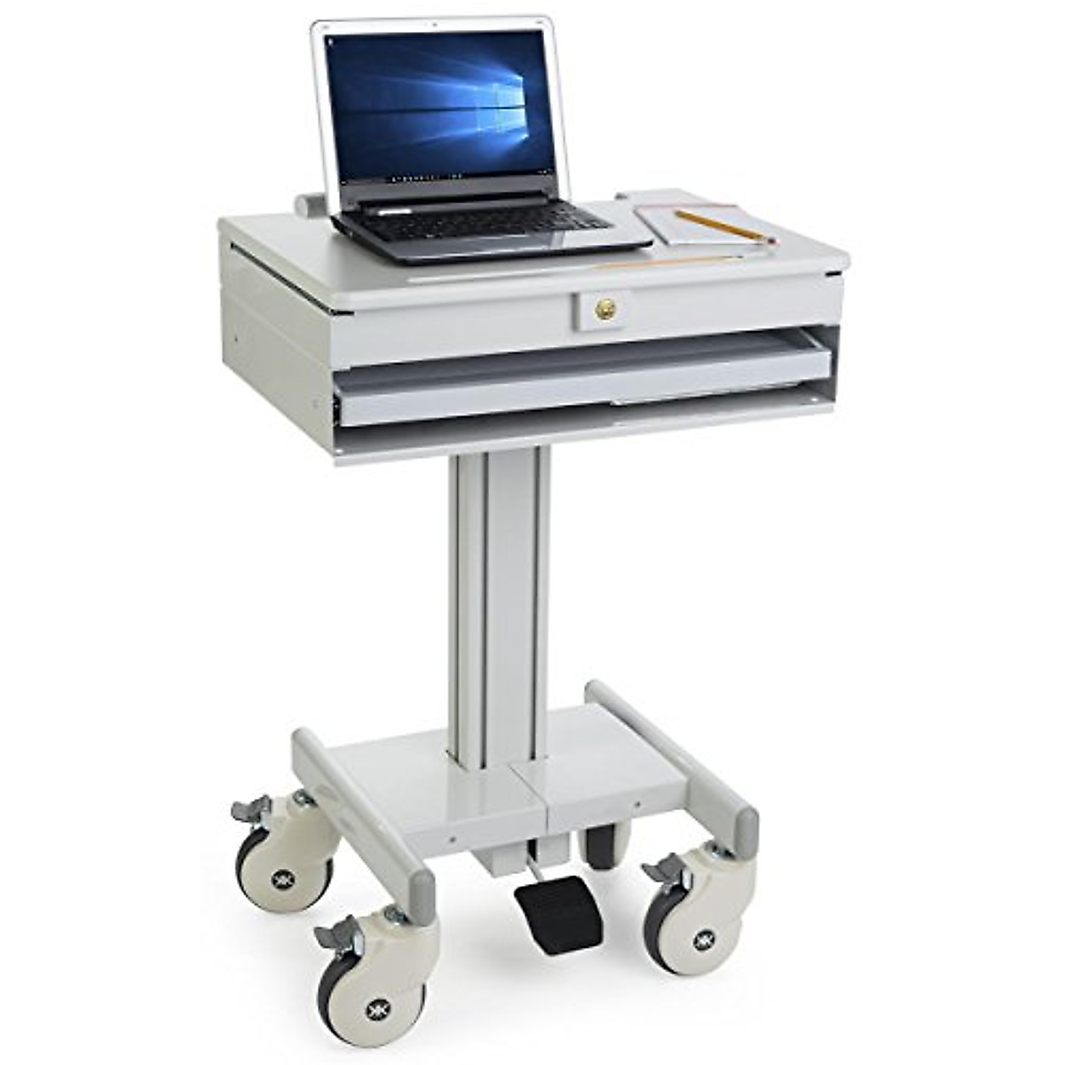 Displays2go Mobile Computer Carts, Locking Drawer, Height Adjustable, Steel, Plastic & MDF Construction – Gray (DWMDCOM)