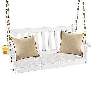 Tangkula 2 Person Hanging Porch Swing, Outdoor Bench Swing with Adjustable Chains, Hidden Cup Holders, HDPE Tree Swing Chair for Patio Backyard Deck Garden, 54 Inch (White)