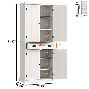 Function Home 72" Kitchen Pantry Cabinet, Tall Storage Cabinet, Freestanding Cupboard with Drawer and Adjustable Shelves, Pantry Cabinets for Kitchen Bathroom Living Room, White