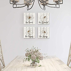 Takfot Bee Wall Decor Inspirational Wall Art Farmhouse Rustic Bathroom Decor, Motivational Quotes Brown Canvas Pictures for Bedroom Living Room Office,12"x12", set of 4