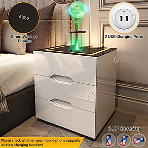 Jehiatek White Nightstand Set of 2, Night Stand Set 2 with Wireless Charging Station, High Gloss End Table with Adjustable LED Lights & USB Charging, Bedside Table Set of 2 with 3 Drawers (White)
