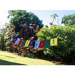 Buddha of Compassion Tibetan Prayer Flags Om Mani Padme Hum Set of 10 Five Tibetan Traditional Colors which are Yellow, Green, red, White and Blue. Each Color Represents an Element.