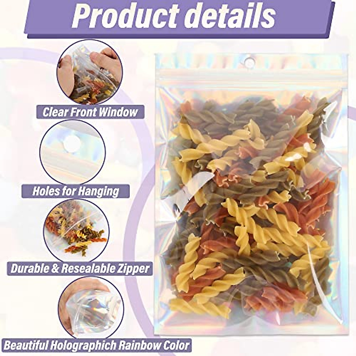 100 Pieces Resealable Holographic Bags-5.5x7.9''smell proof Foil Pouch Bags, Ziplock Bags for Party Favor Food Storage