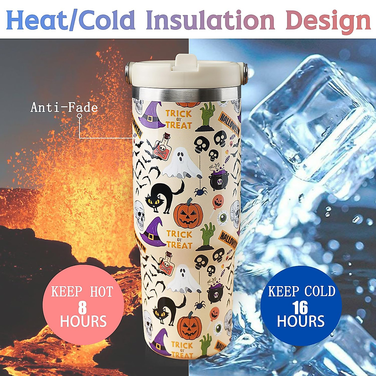 30oz Halloween Tumbler with Handle and Straw, Goth Black Cat Insulated Tumbler, Pumpkin Bat Skull Leak Proof Travel Coffee Mug, Reusable Stainless Steel Witch Tumbler, Halloween Gifts for Women