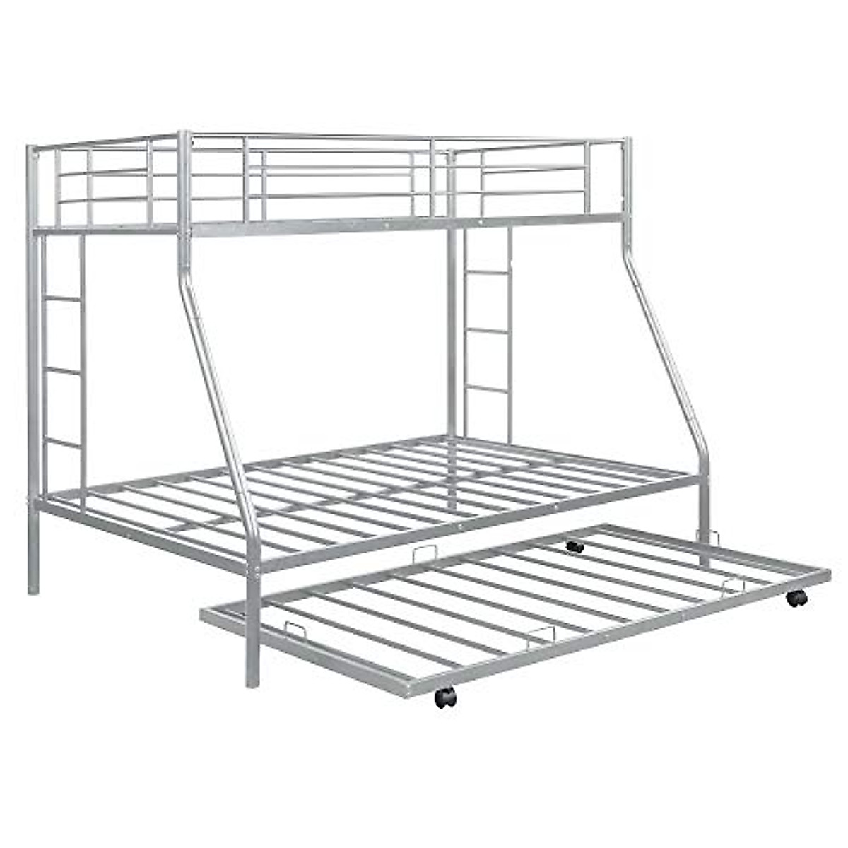 Metal Bunk Beds Twin Over Full Size with 2 Ladder and Trundle Bed for Kids Teens Adults, (Silver)