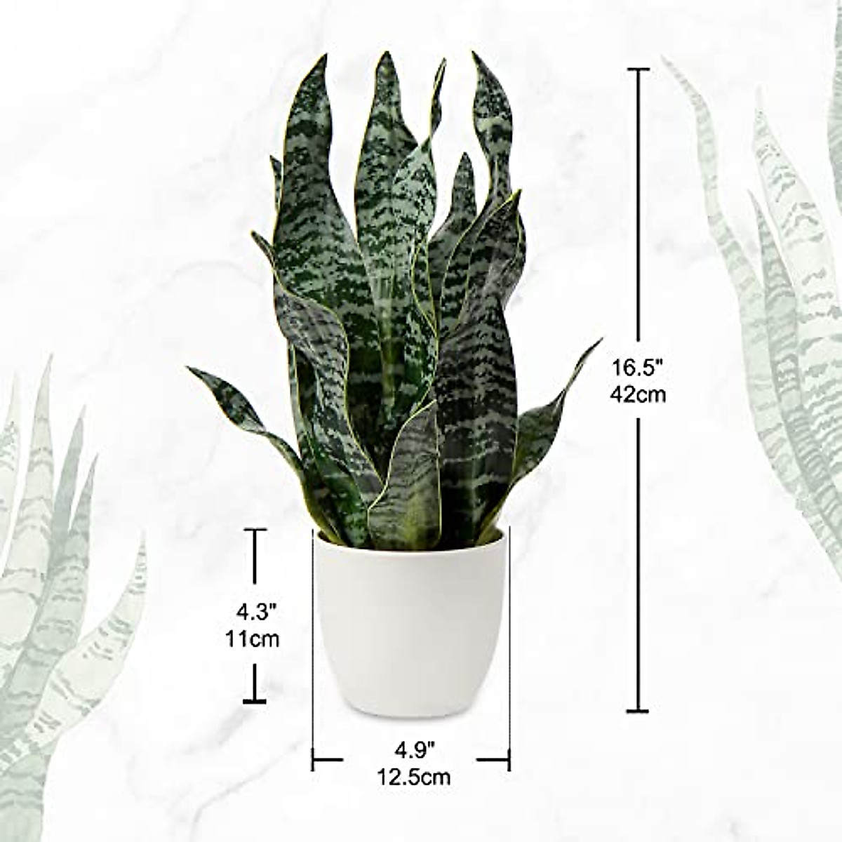 Hollyone Artificial Snake Plant Potted Faux Sansevieria Trifasciata Plants, 17" Tropical Fake Plants in White Pots for Home Office Desk Outdoor Décor Housewarming Gift