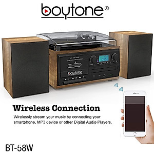 Boytone BT-58W Bluetooth Record Player Turntable with CD Player, Convert LP Vinyl, CD to MP3 Player, Cassette, AM/FM Radio, USB/SD Encoding, Remote Control, Audio Music Player Built in Amplifier