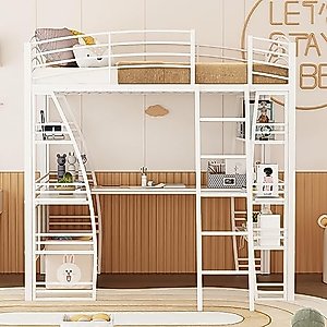 Lifeand Full Size Loft Bed with 4 Layers of Shelves and L-shaped Desk, Stylish Metal Frame Bed with a set of Sockets, USB Ports and and Wireless Charging, White