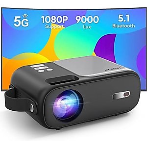 Mini Projector for iPhone, 5G WiFi Bluetooth Projector, 9000 Lumen 1080P Supported Portable Projector with ±15°/4P/4D Keystone & 50% Zoom, Outdoor Projector Compatible with Gaming/PC/TV Stick (Grey)