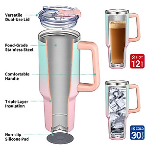 THILY 40 oz Stainless Steel Tumbler with Handle - Vacuum Insulated Travel Cup, Splash-Proof & Leakproof Lid, 2 Straws & Brush | Keeps Cold 34H/Hot 12H, Cupholder Friendly, Candy Pink