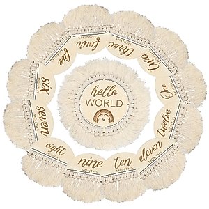 Whaline 13Pcs Baby Monthly Milestone Cards with Tassel Wooden Boho Baby Macrame Milestone Discs Newborn to 1 Year Hello World Baby Birth Announcement Sign for Baby Shower Photo Props