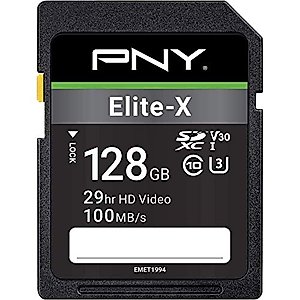 PNY 128GB Elite-X Class 10 U3 V30 SDXC Flash Memory Card - 100MB/s, Class 10, U3, V30, 4K UHD, Full HD, UHS-I, Full Size SD