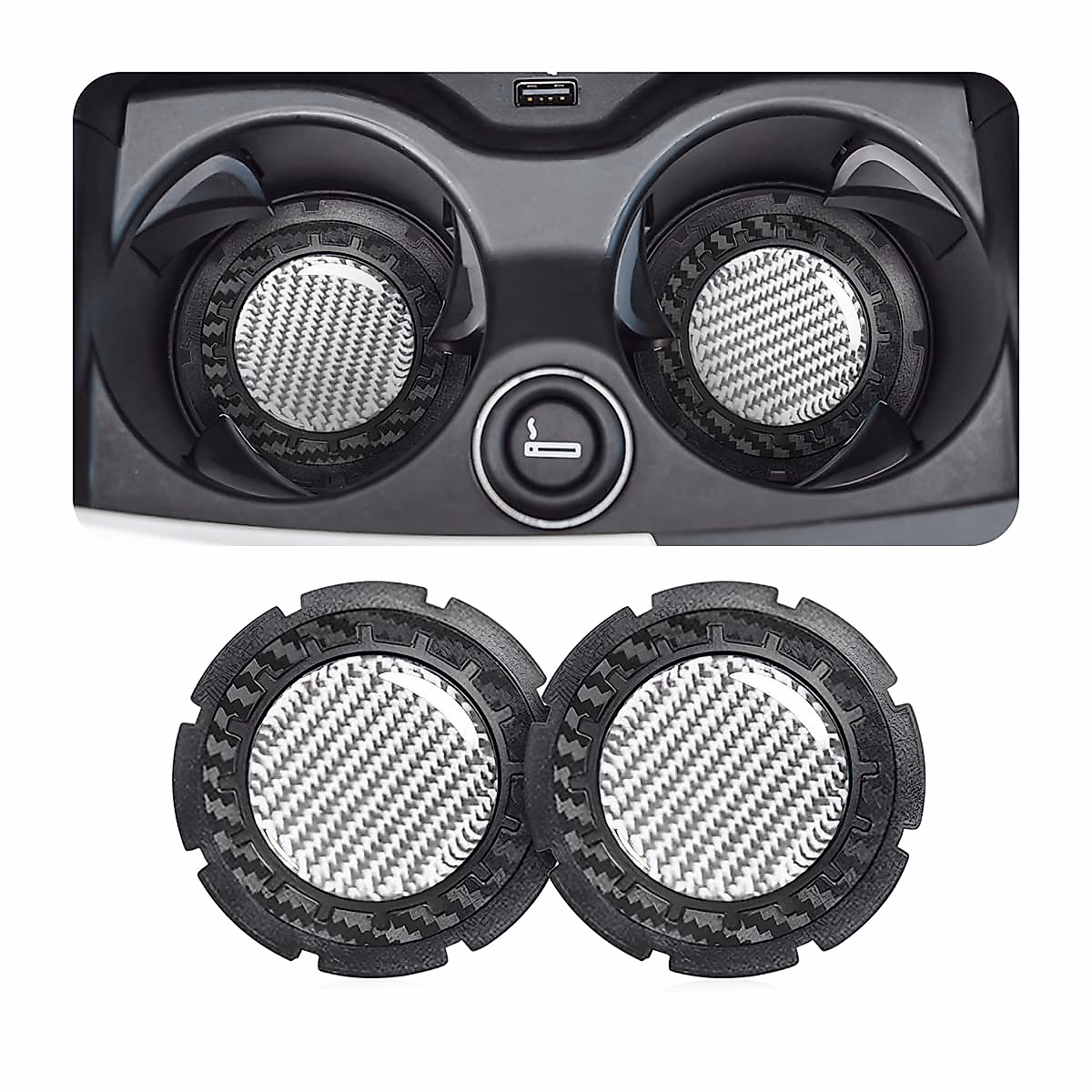 AUCELI 2 PCS Car Cup Holders, 2.75 Inch Carbon Fiber Coasters, Non-Slip Bottle Pad Embedded in Cup Mat, Durable Insert Drink Coaster, Universal Vehicle Interior Accessories (Silver/StyleB)
