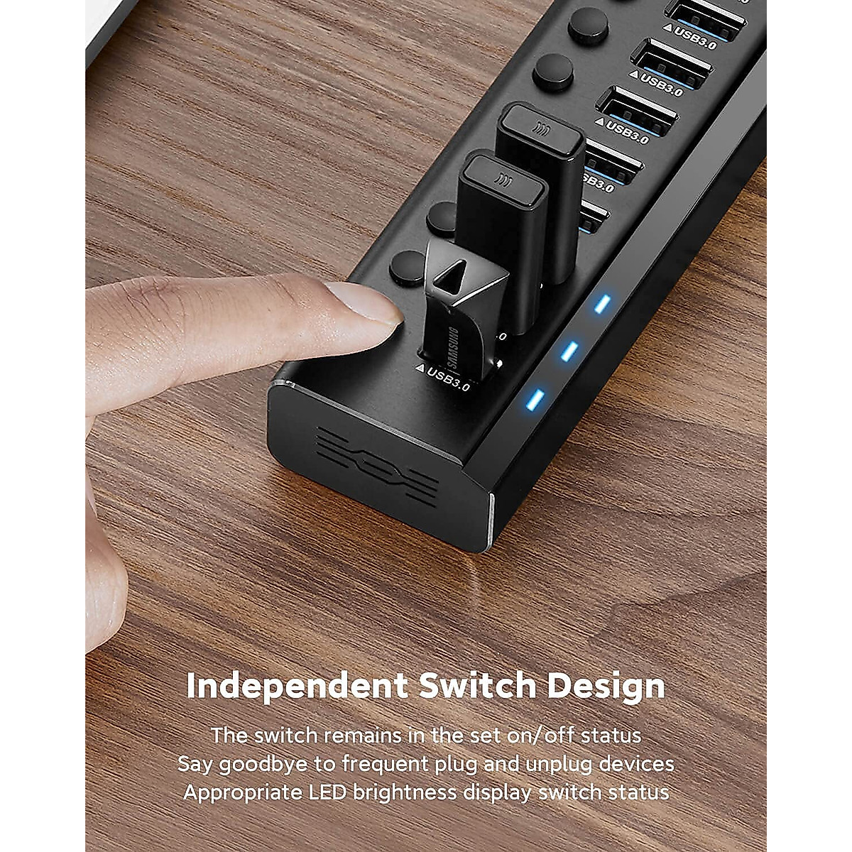 Powered USB Hub, Rosonway Aluminum 10 Port USB 3.0 Data Hub with 36W (12V/3A) Power Adapter and Individual On/Off Switches USB Splitter(RSH-A10)