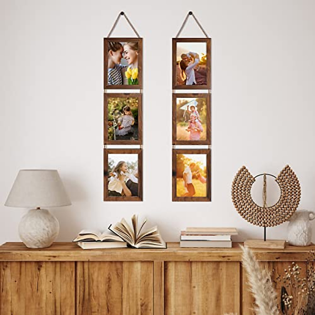Lavezee 5x7 Collage Triple Picture Frames Set, Walnut Brown 6 Opening Hanging Vertical Frame Made to Display 5 by 7 Inch Photo Print for Wall Decor