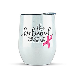KLUBI Breast Cancer Awareness Gift Large 12oz GLITTER White Tumbler for Wine or Coffee- Idea for Women, Post Surgery, Survivor, Chemo, Glass, Care Packages, Baskets, Chemotherapy Patients