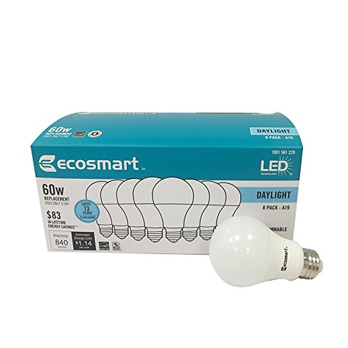 Ecosmart 8 Pack LED A19 Light bulb, Soft White , 60w Equivalent (A19 Daylight)