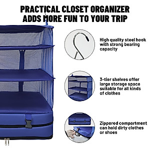 Caroeas Portable Hanging Travel Shelves Bag Suitcase Organizer Carry-on Closet Packing Cubes for Travel, 4-Shelf Suitcase Closet with 2 Hooks, X-Large Capacity, Blue