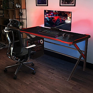 Arespark Gaming Desk with LED Lights, 47in Ergonomic Home Office Tables PC Study Desks, K-Shaped Carbon Fiber Surface Computer Desk Gamer Table Christmas Day Gamer Gift (47 Inch)