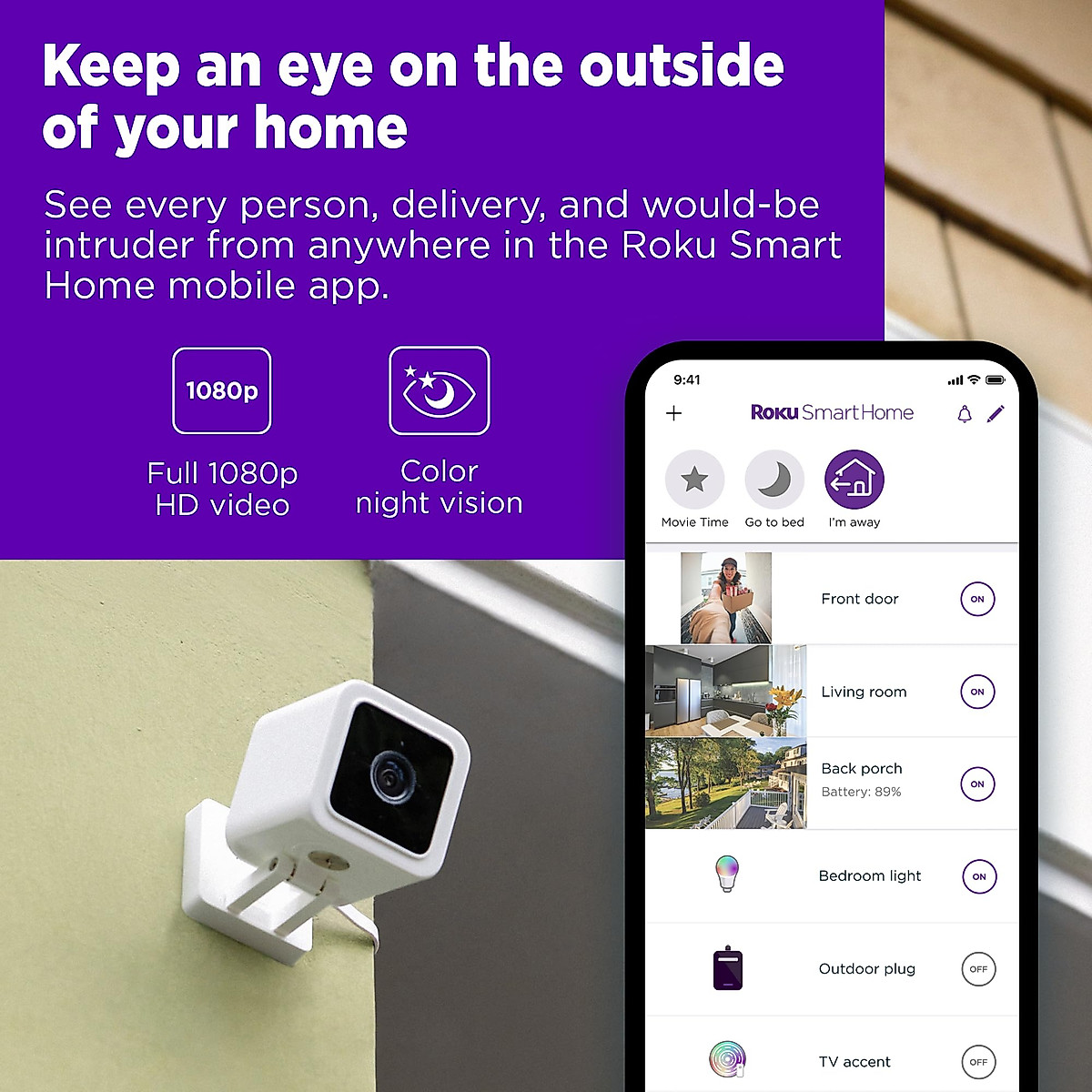Roku Outdoor Camera for Home Security - IP65 Weather Resistant Wired Security Camera with 1080p HD Night Vision, Compatible with Alexa & Google, Motion & Sound Detection(Renewed)