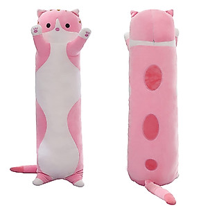 SHINUOER Long Cat Plush Pillow Cat Body Pillow,Pink Cat Stuffed Animals Soft Plushies Kawaii Stuffed Kitten Plush Toy for Kids Girlfriend(Pink, 19.7Inch)