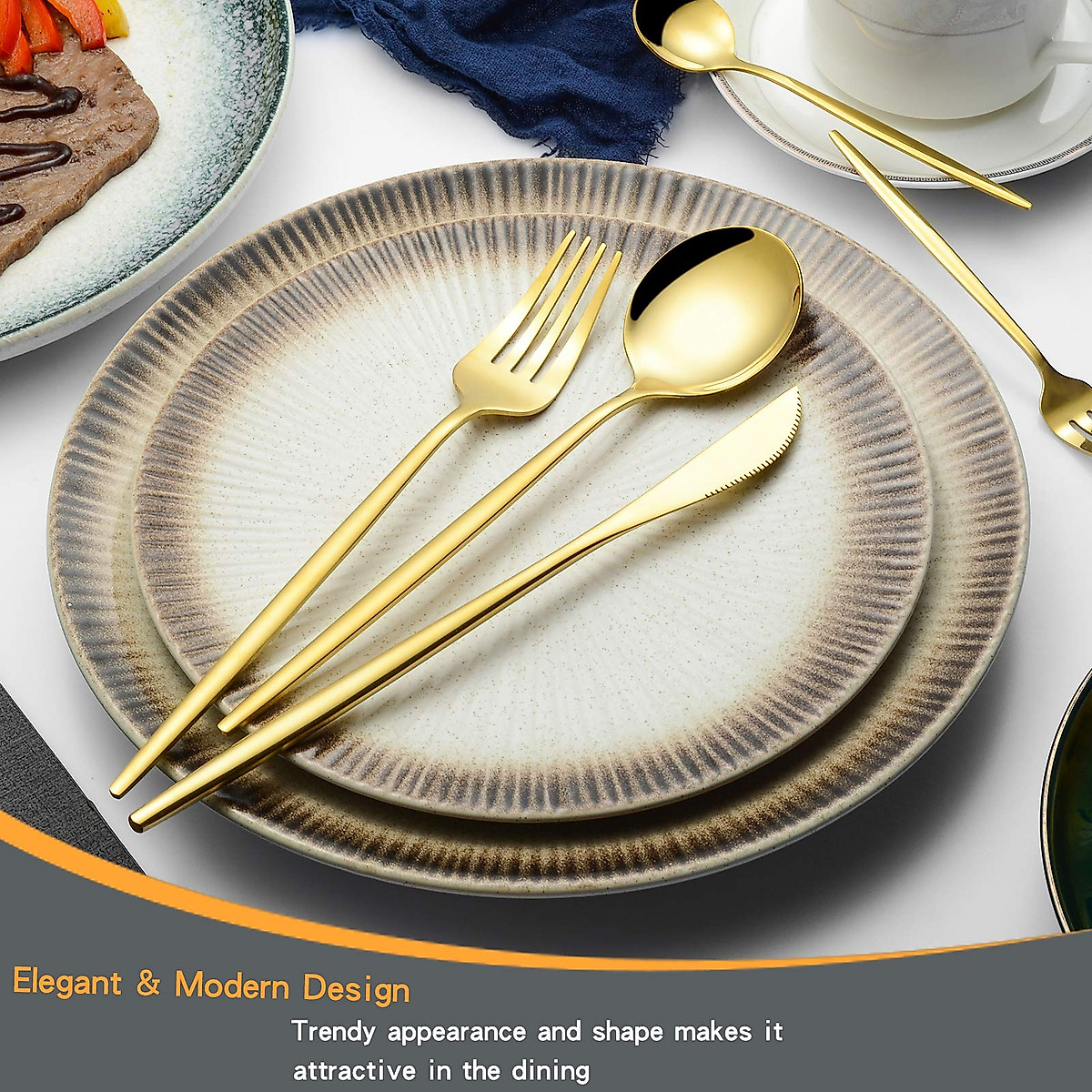 Mirror Gold Silverware Set 20-Piece, Stainless Steel Flatware Service for 4, LaienLife Unique Utensils Set with Long Fork and Spoon Teaspoon, Mirror Gold Flatware Set, Cutlery for Home Party Kitchen