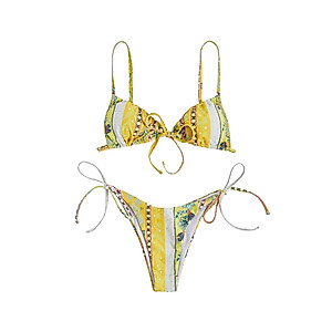 WDIRARA Women's Floral Print Tie Side Swimwear Straps Bikini Sets Swimsuits Yellow Floral M