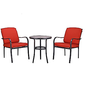 Barton 3PCS Outdoor Patio Bistro Set Chairs & Glass Table Set Porch All-Weather Cushion Furniture, Orange Red
