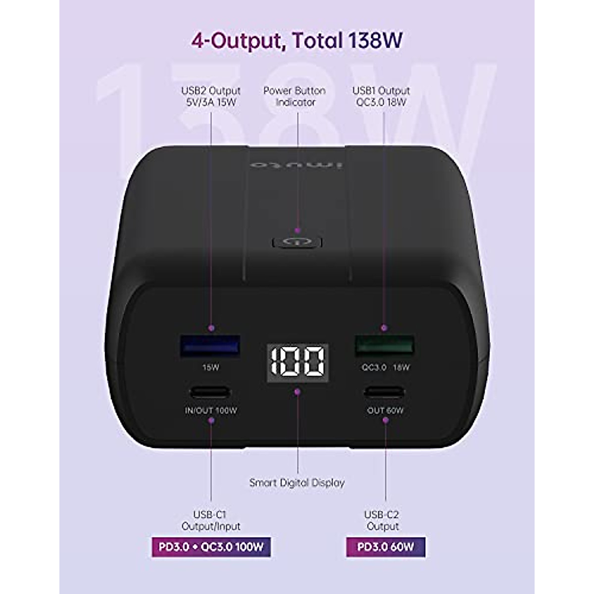 imuto 100W Laptop Power Bank,27000mAh USB C Power Delivery Portable Charger with Dual USB-C PD (100W&60W) & 2 USB-A (15W&QC3.0 18W) Battery Pack for MacBook Air/Pro, HP, Dell, Lenovo,Steam Deck,Tablet