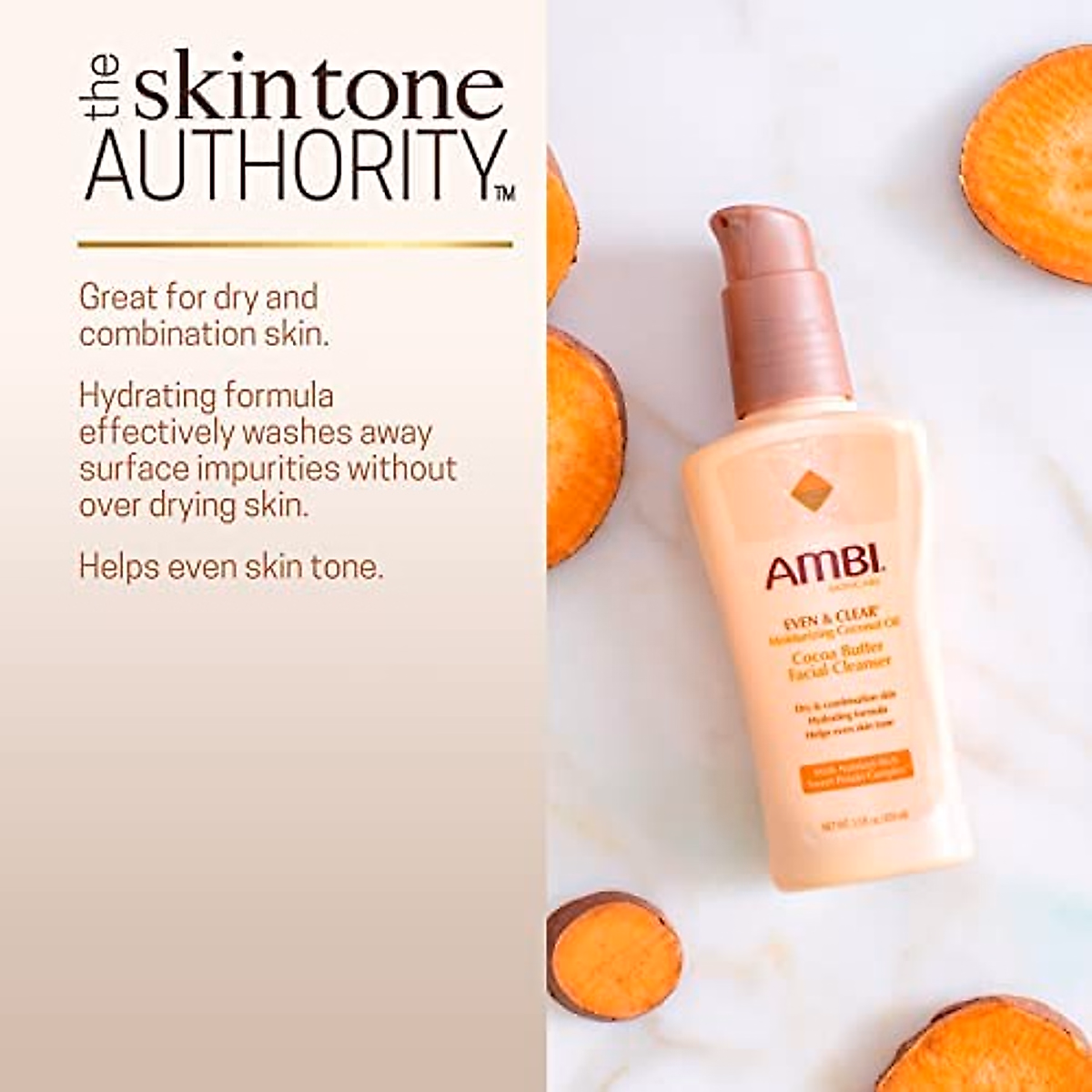 Ambi Even & Clear Cocoa Butter Facial Cleanser With Nutrient-Rich Sweet Potato Complex | Hydrating Formula | Helps Even Skin Tone | 3.5 Ounce