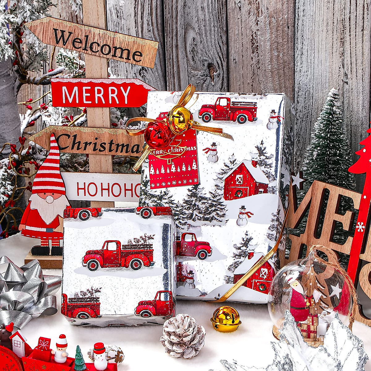 LeZakaa Christmas Wrapping Paper - Silver Metallic Foil with Snowman/Red Truck with Tree/Red House/Tree with Snow Design for Gift Wrap, Craft - 30 x 120 inches - 4 Rolls