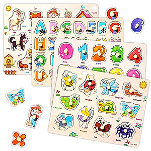 Wooden Peg Puzzles Set for Toddlers 3 4 Years Old, Alphabet ABC, Numbers and Farm Animals Learning Puzzles Board for Kids, Preschool Educational Pegged Puzzles Activity Toys Gift for Boys Girls