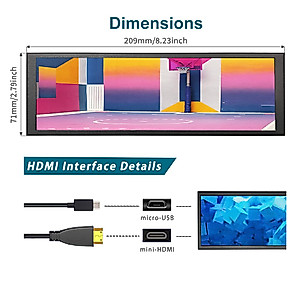 LESOWN 7.84 Inch Stretched Bar Monitor Mini Aida64 Data Temperature Display HDMI 400x1280 IPS USB Small Screen PC Case Sensor Panel Long Stretched Bar Display for PC