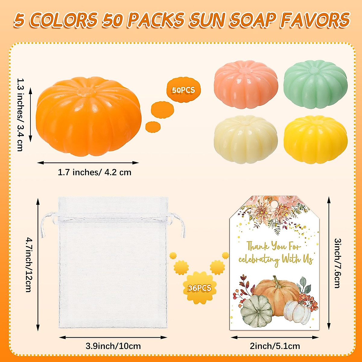 Leelosp 50 Set Thanksgiving Pumpkin Baby Shower Soap Favors Mini Pumpkin Baby Shower Favors Include Pumpkin Soap Thanks Cards Drawstring Gift Bags for Autumn Thanksgiving Day Party Decorations Gifts