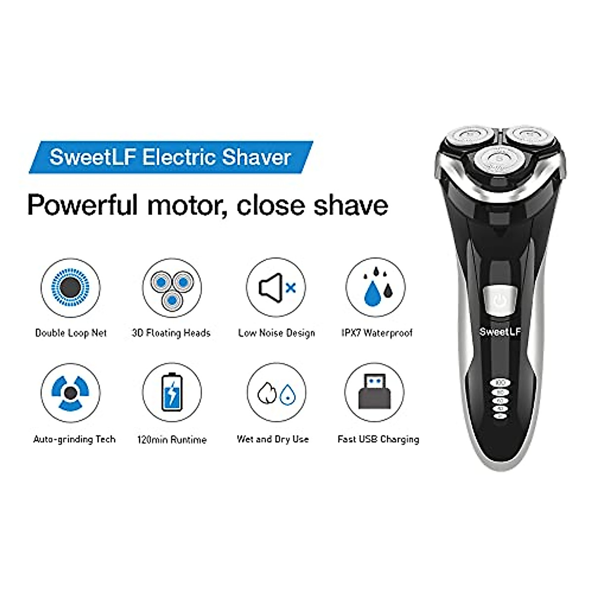 SweetLF Electric Shaver for Men Wet and Dry Waterproof Electric Razor Cordless 3D Rechargeable Rotary Shaver Razor for Men with Pop-up Trimmer, Black
