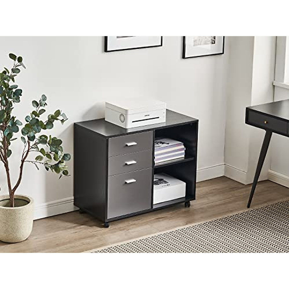 WILLIAMSPACE 3-Drawer Wood File Cabinet, Mobile Lateral Filing Cabinet on Wheels for Printer Stand with Open Storage Shelves for Home Office (Black Oak + Dark Grey)