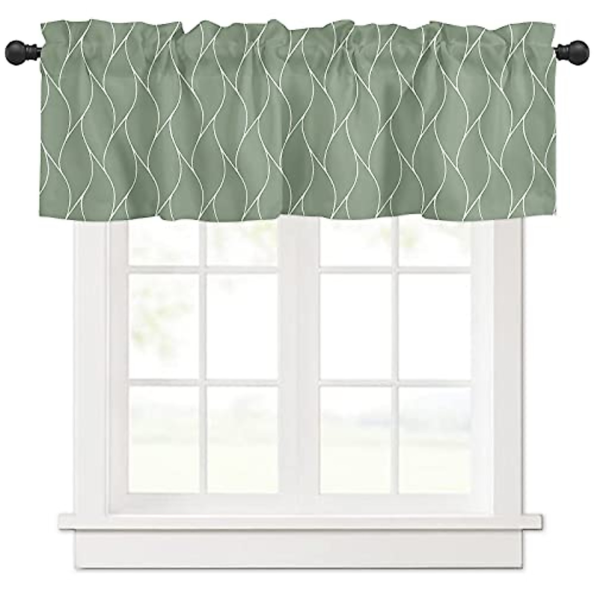Green Gold Wave Abstract Art Foil Print Pattern Farmhouse Short Window Curtain Valances, White Thin Line Rod Pocket Kitchen Valances for Living Room Bedroom Bathroom Cafe, 1 Panel - 54" x 18"
