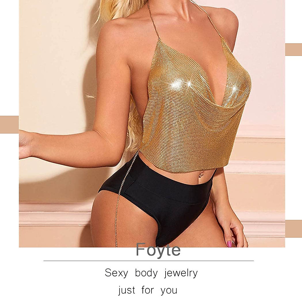 Fairyu Boho Sequins Body Chain Bra Bikini Shimmer Backless Halter Crop Top Beach Body Jewelry Accessory for Women and Girls (Gold)