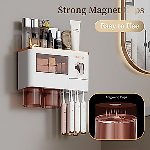 MOPMS Toothbrush Holders, Wall Mounted Toothbrush for Bathroom, Automatic Toothpaste Dispenser Squeezer with Magnetic Cups, Tooth Brushing Holder Drawer Storage Organizer Space Saver-2 Cups White