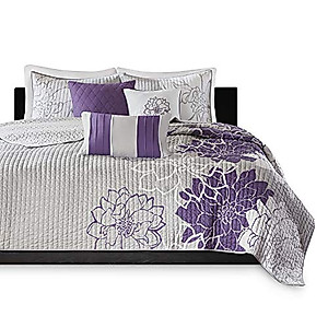 Madison Park Lola 100% Cotton Quilt Set - Casual Floral Channel Stitching Design, All Season, Lightweight Coverlet Bedspread Bedding, Shams, Decorative Pillows, King/Cal King(104"x94"), Purple 6 Piece