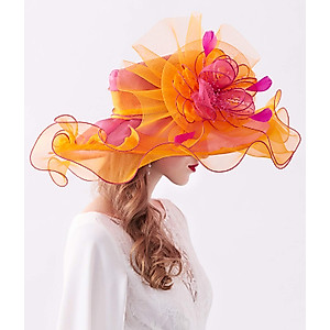 Z&X Women's Organza Church Fascinator Hair Clip Bridal Wedding Tea Party Hat Wide Brim Anti-UV Sun Hat Orange Rose
