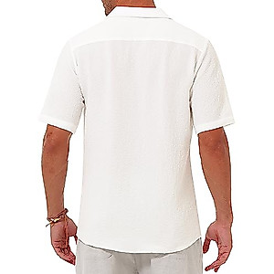 Alimens & Gentle Men's Seersucker Hawaiian Shirts Casual Short Sleeve Button Down Shirt for Men Summer Beach Shirt(White, Large)