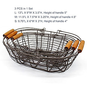CVHOMEDECO. Oval Metal Wire Storage Baskets Rustic Egg Baskets with Wooden Handles Farmhouse Gathering Baskets. Rusty, Set of 3