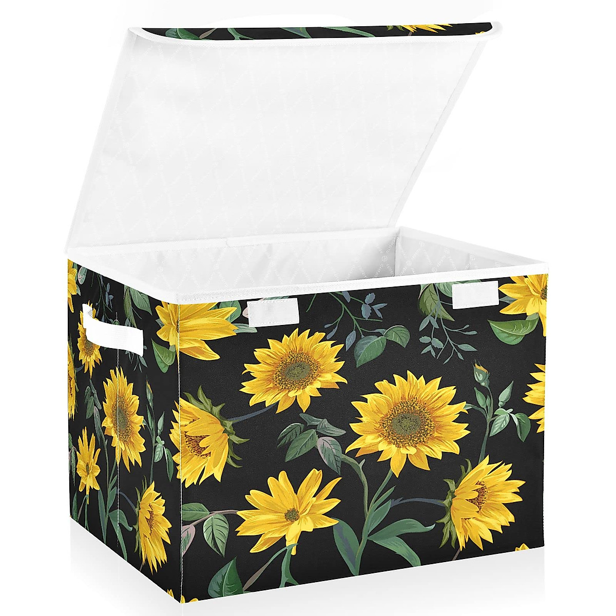 Vnurnrn Collapsible Storage Bins with Lids, Sun Flower Yellow Flowers Foldable Storage Boxes, Storage Box Cube with Lid for Clothes,Bedroom,Toys,16.5x12.6x11.8 Inch