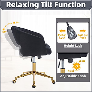 ABET Desk Chair with Wheels, Velvet Home Office Chair, Swivel Armchair Gold Base, Upholstered Modern Accent Chairs, Back Incline Adjustable for Living Room Bedroom Vanity, Black
