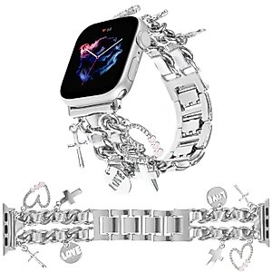REALSIGN Stylish Metal Wristband Compatible with Apple Watch 38mm, 40mm, 41mm, Series 9, 8, 7, 6, 5, 4, 3, 2, 1, Silver Leather
