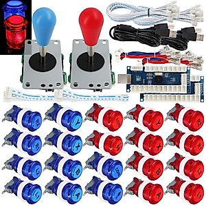 SJ@JX 2 Player Arcade Game Stick DIY Kit Buttons with Logo LED 8 Way Joystick USB Encoder Cable Controller for PC MAME Raspberry Pi Red Blue